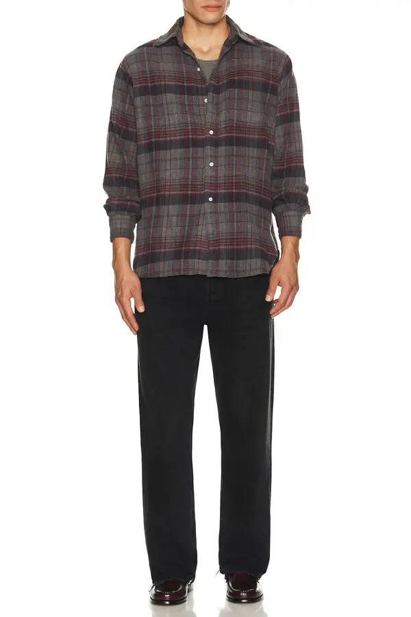 BEAMS Open Collar Brushed Satin Plaid Shirt