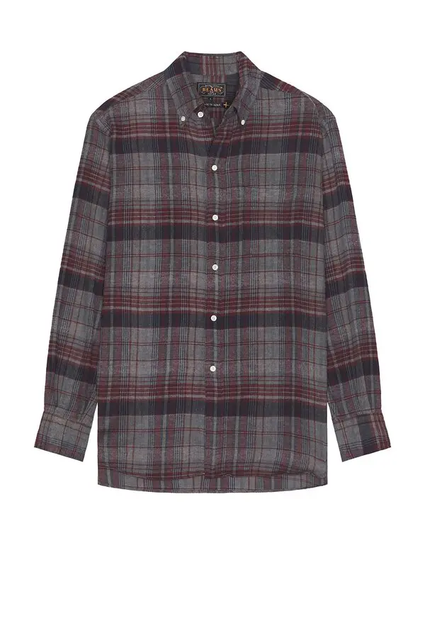 BEAMS Open Collar Brushed Satin Plaid Shirt