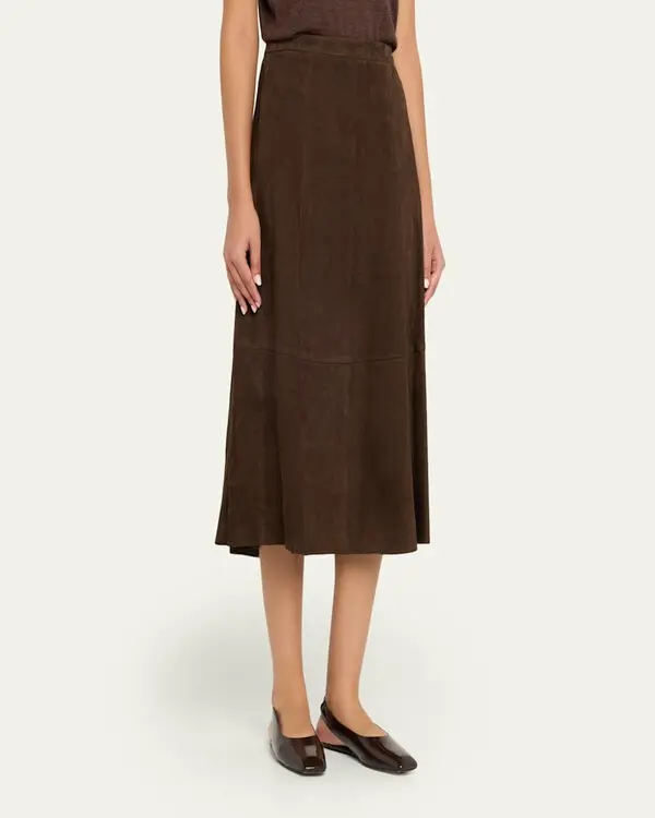 Vince Mid-rise Flared Suede Midi Skirt