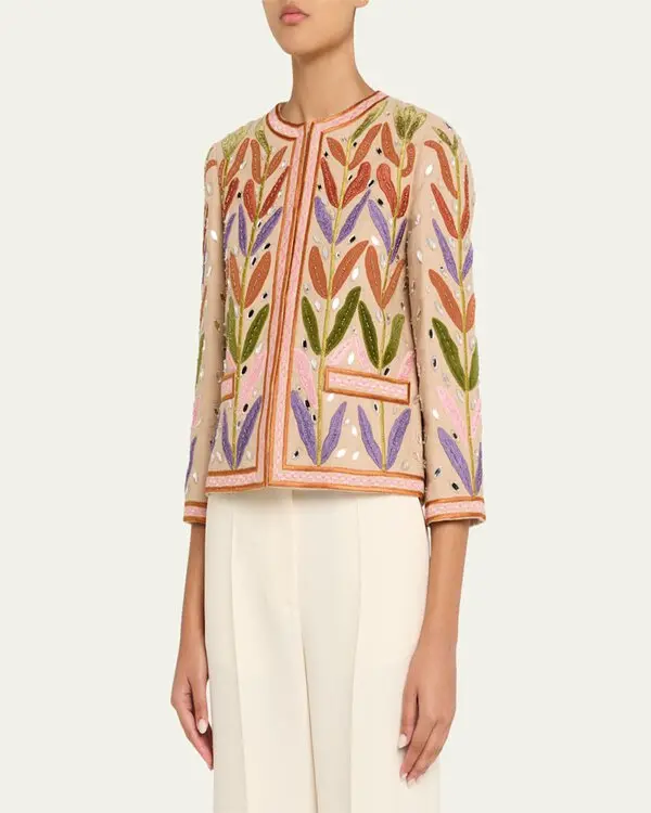 Valentino Garavani Beaded Leaf-embroidered Linen Jacket