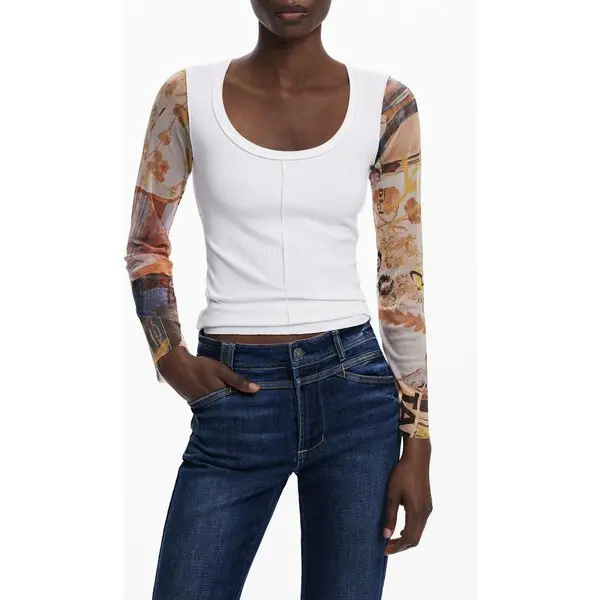 Desigual Mesh Sleeve Scoop Neck Rib Top