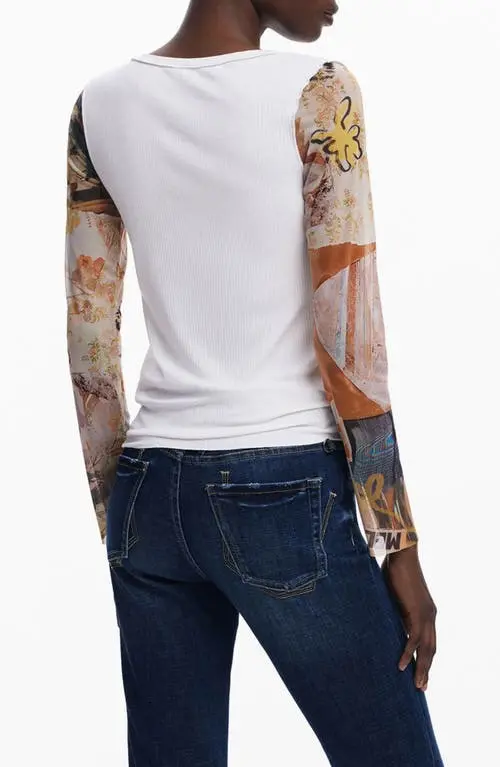 Desigual Mesh Sleeve Scoop Neck Rib Top
