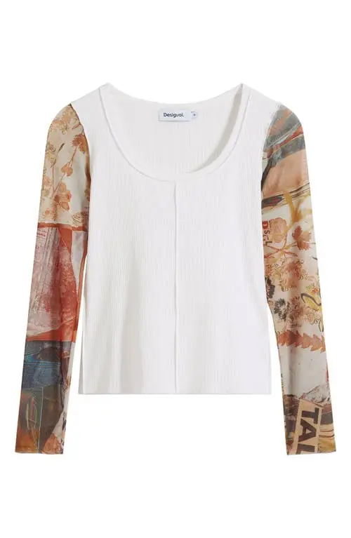 Desigual Mesh Sleeve Scoop Neck Rib Top