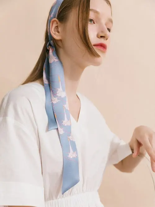 LOST PATTERN Datura" Silk Skinny Scarf - Slate Blue