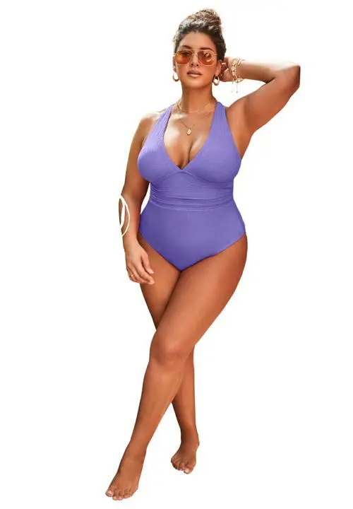 SWIMSUITS FOR ALL Sparkle Ribbed V-neck One-piece Swimsuit - Amethyst