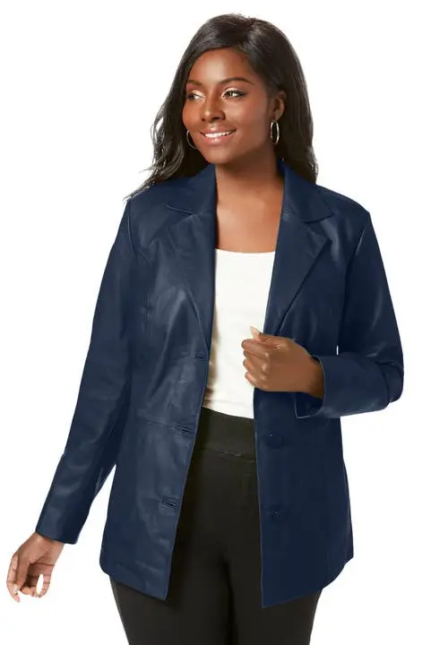 JESSICA LONDON Genuine Leather Blazer - Navy