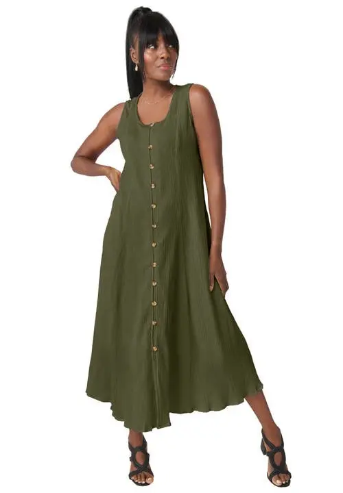 JESSICA LONDON A-line Button-front Gauze Dress - Dark Olive Green