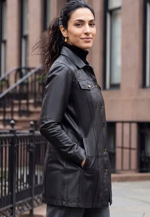 JESSICA LONDON Leather Stand Collar Long Jacket