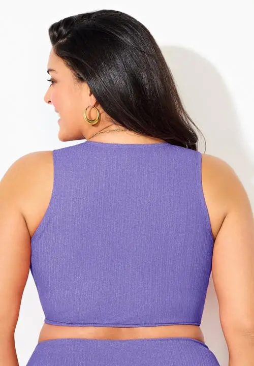 SWIMSUITS FOR ALL Sparkle Ribbed Twist Front Crop Top - Amethyst