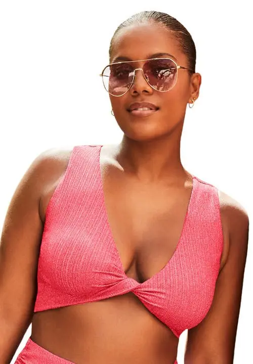 SWIMSUITS FOR ALL Sparkle Ribbed Twist Front Crop Top - Coral Reef