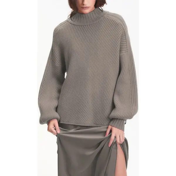 Deluc Nelson Balloon Sleeve Ribbed Mock Neck Sweater - Melange Mink
