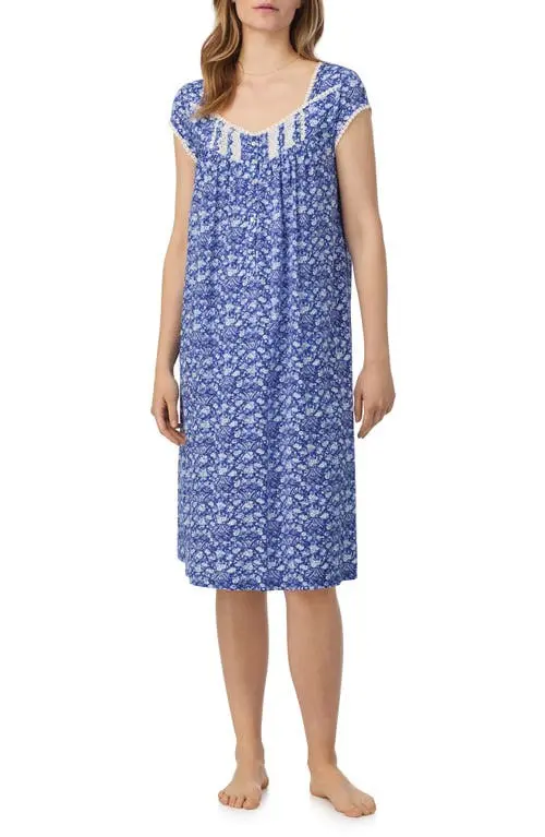 Eileen West Waltz Cap Sleeve Cotton Nightgown - Navy/print