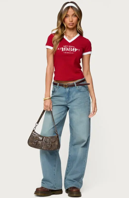EDIKTED Santa Monica V-neck Ringer T-shirt - Red