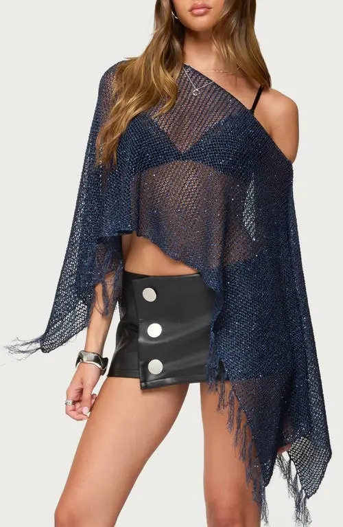 EDIKTED Sequin Fringe Knit Poncho - Navy