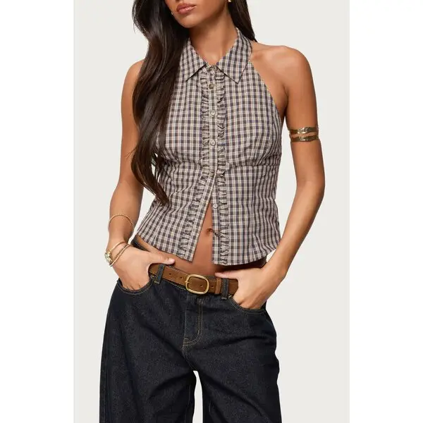 EDIKTED Imrie Ruffle Plaid Halter Top