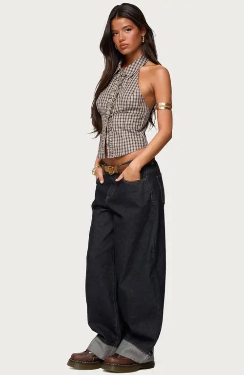 EDIKTED Imrie Ruffle Plaid Halter Top