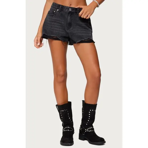 EDIKTED Mid-rise Cutoff Denim Shorts - Black