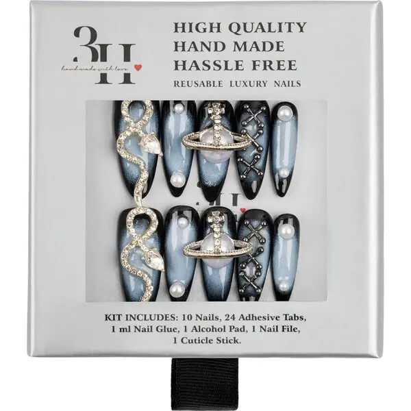 3H NAILS Sapphire Cascade Luxury Handmade Press On Nails - Black/cool Grey