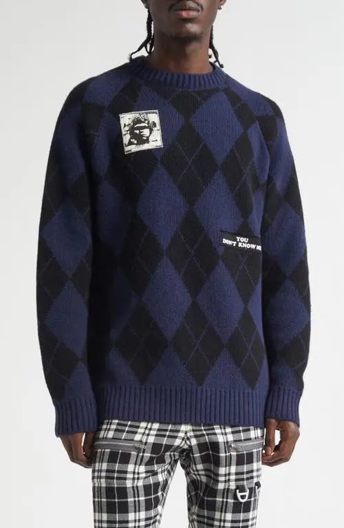 UNDERCOVERISM Embroidered Patch Argyle Plaid Sweater - Navy Base