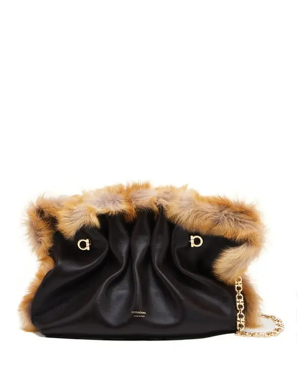 FERRAGAMO Pierced Leather & Shearling Shoulder Bag