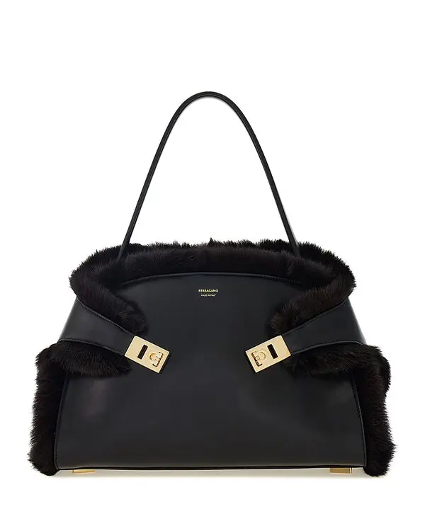 FERRAGAMO Hug Leather & Shearling Shoulder Bag