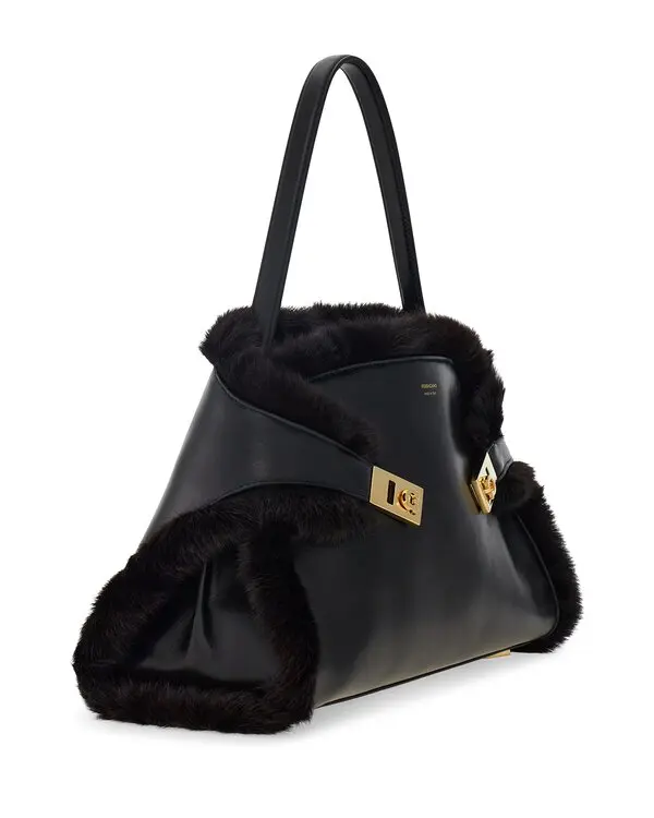 FERRAGAMO Hug Leather & Shearling Shoulder Bag