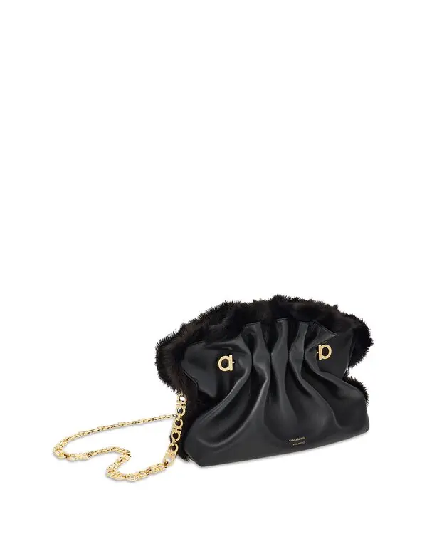 FERRAGAMO Pierced Leather & Shearling Shoulder Bag