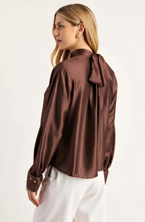 MODENAIRE Satin Blouse With Gathered Neckline And Tie Back