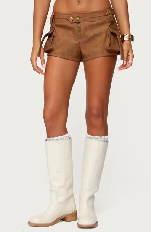 EDIKTED Washed Faux Leather Micro Cargo Shorts - Tan