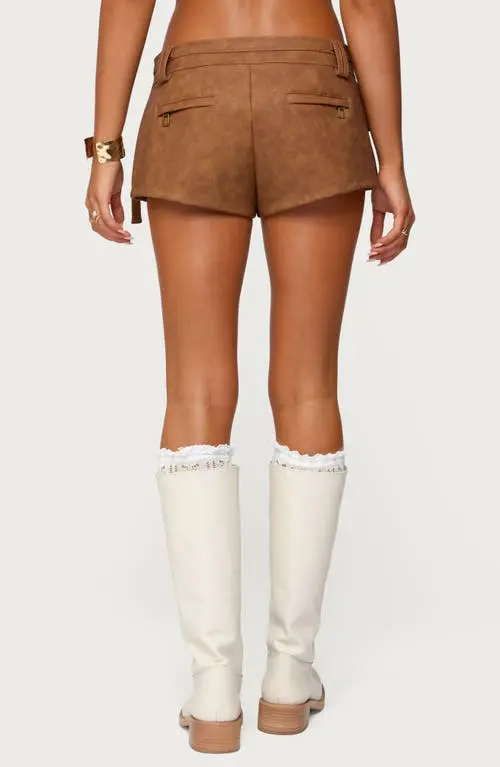 EDIKTED Washed Faux Leather Micro Cargo Shorts - Tan
