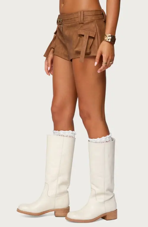 EDIKTED Washed Faux Leather Micro Cargo Shorts - Tan