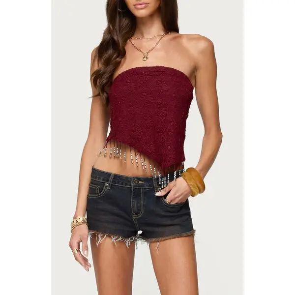 EDIKTED Lace Beaded Fringe Tube Top - Burgundy
