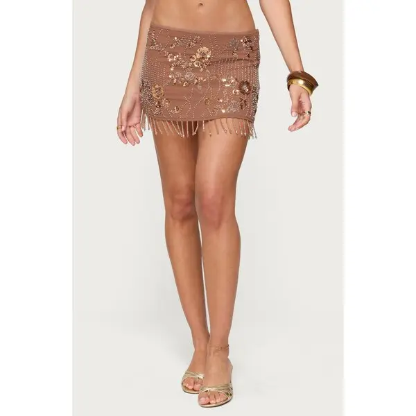 EDIKTED Embellished Beaded Fringe Miniskirt - Brown