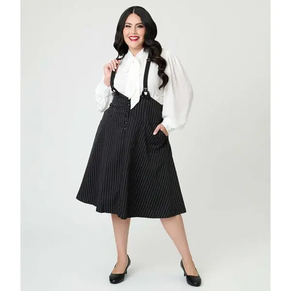 Unique Vintage 1950s Suspenders Swing Skirt - Black & White