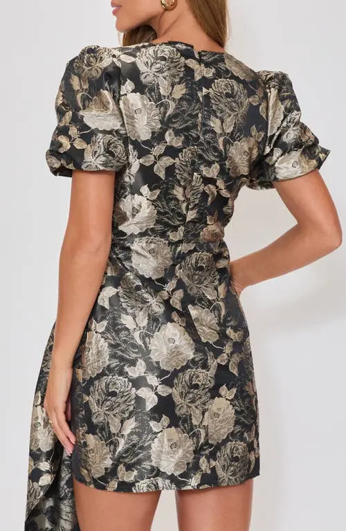 Vici Floral Brocade Pleated Drape Mini Dress - Black/Gold | Editorialist