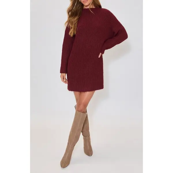 VICI Long Sleeve Ribbed Sweater Dress - Burgundy