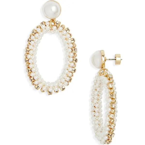 Nordstrom Faux Pearl And Rhinestone Hoop Drop Earrings - White- Clear- Gold