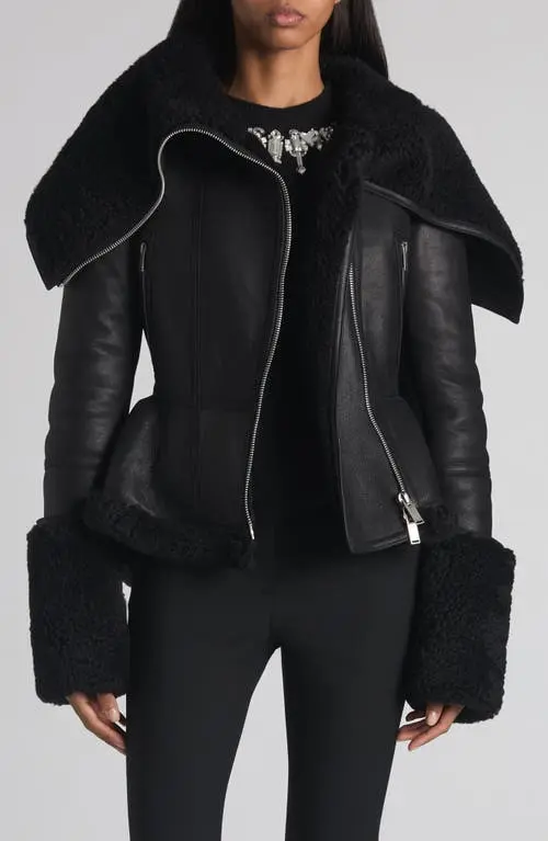 Alexander McQueen Oversized Collar Shearling Moto Jacket