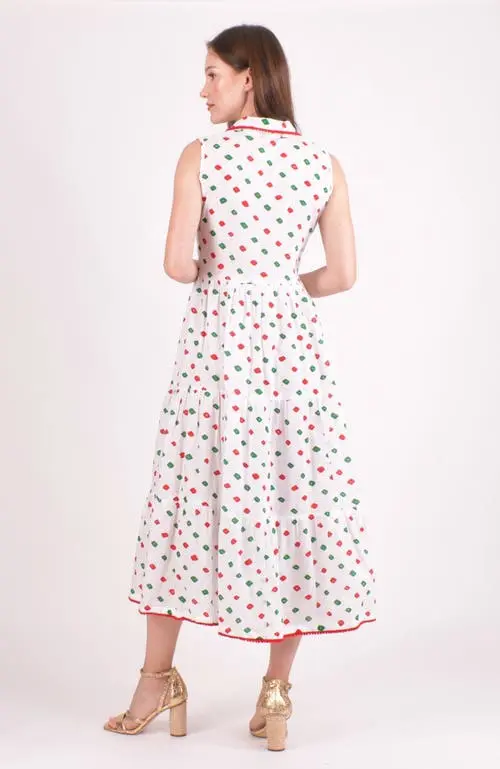 RAAS Cotton Tiered Midi Dress With Pom-pom Detailing