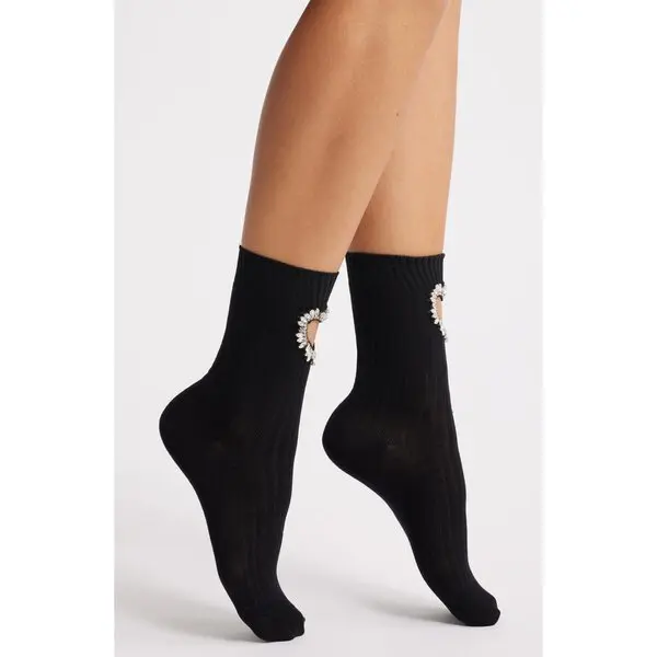 HIGH HEEL JUNGLE Crystal Heart Cutout Crew Socks - Black