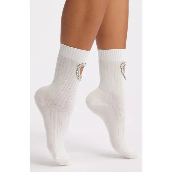 HIGH HEEL JUNGLE Crystal Heart Cutout Crew Socks - White