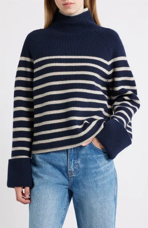 Rag & Bone Stripe Wool Cuff Sleeve Funnel Neck Sweater - Navy