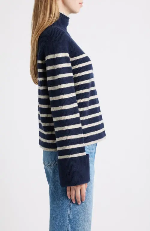 Rag & Bone Stripe Wool Cuff Sleeve Funnel Neck Sweater - Navy