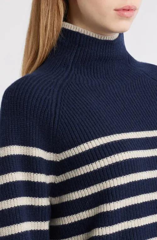 Rag & Bone Stripe Wool Cuff Sleeve Funnel Neck Sweater - Navy