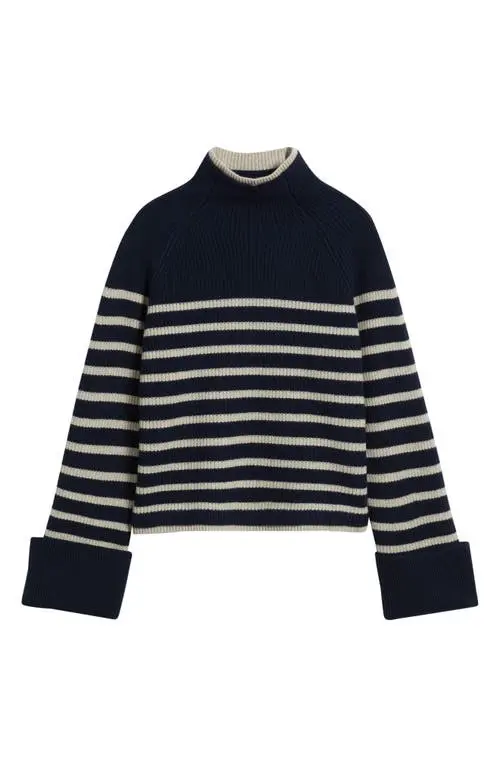 Rag & Bone Stripe Wool Cuff Sleeve Funnel Neck Sweater - Navy