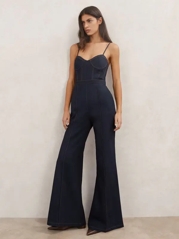 REISS Macey Wide-leg Bustier Denim Jumpsuit - Indigo Blue