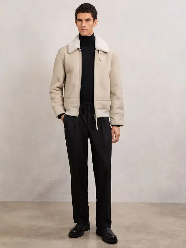 REISS Leather Jacket With Shearling-collar - Light Stone