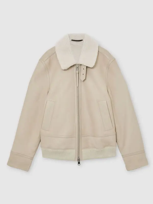 REISS Leather Jacket With Shearling-collar - Light Stone