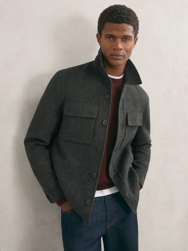 REISS Net Wool-blend Twin-pocket Overshirt - Charcoal Grey
