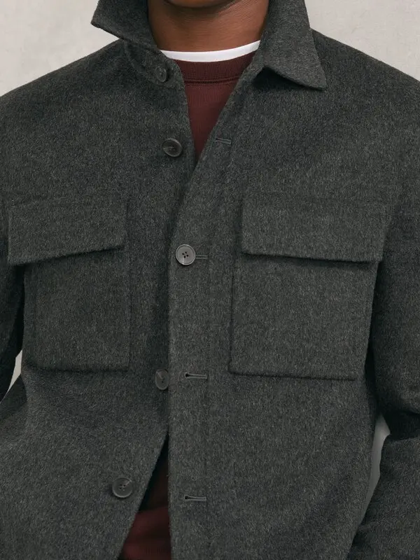 REISS Net Wool-blend Twin-pocket Overshirt - Charcoal Grey